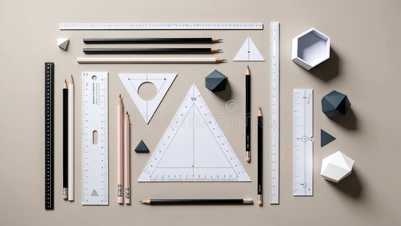 Arrangement of Various Geometric Drawing Tools and Shapes on a Neutral ...