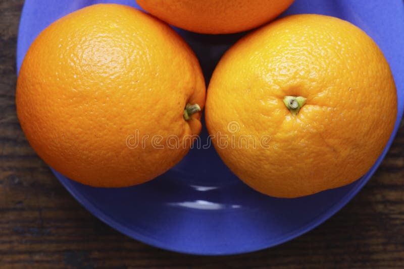 Naval Oranges on Blue Plate Stock Photo - Image of interior, design ...