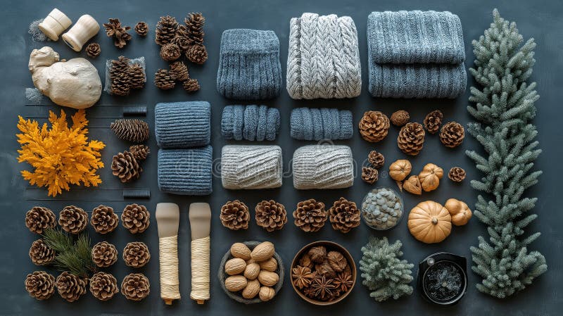 Arrangement of Woolen Items with Winter Decorative Elements on a Gray ...