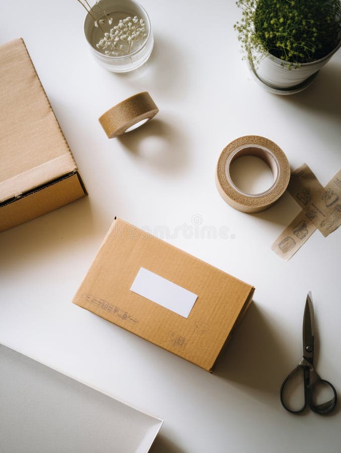 Crafting a Minimalist Packaging Setup with a Kraft Box, Tape, and a ...