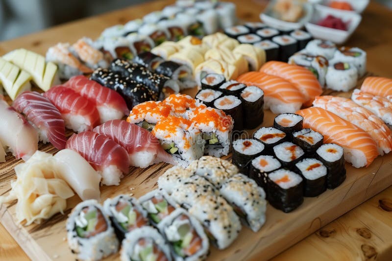 Arranging Various Sushi Types on a Serving Platter Stock Photo - Image ...