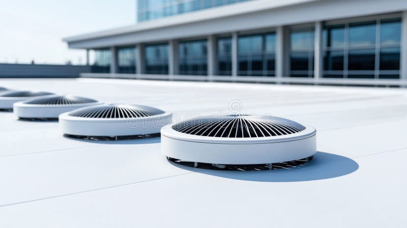 An Array of Air Conditioning Units Sits on a White Rooftop in Front of ...