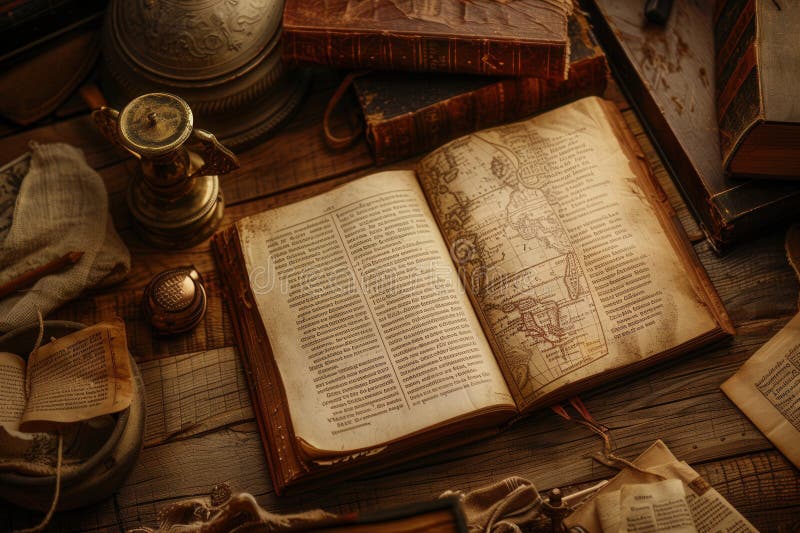 An Array of Ancient Books and Scrolls Rests in a Study, Revealing Maps ...