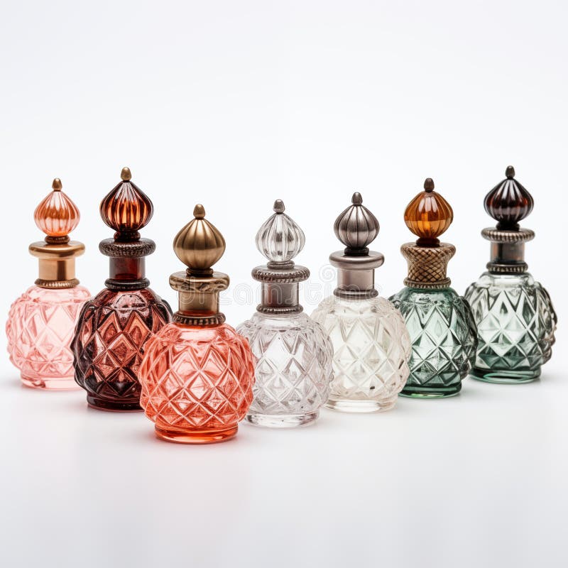 An Array of Antique Perfume Bottles with Detailed Stoppers, Showcasing ...
