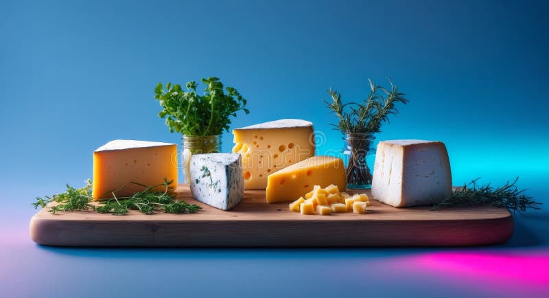 An Array of Artisan Cheeses with Herbs on a Wooden Board Against a ...