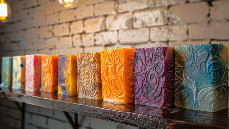 Array of Artisanal Soaps Featuring Complex Designs on a White Brick ...