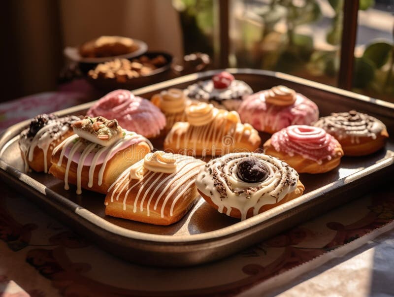 Array of Assorted Pastries on a Rustic Wooden Tray. Stock Illustration ...
