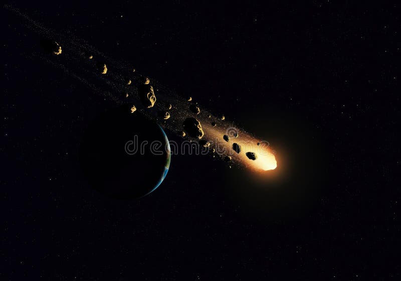 An Array of Asteroids, with a Prominent, Glowing Meteor at the ...