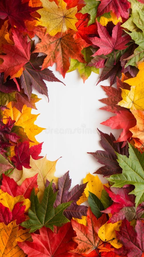 Array of Autumn Leaves in Red, Orange, Yellow, Green, Framing Central ...