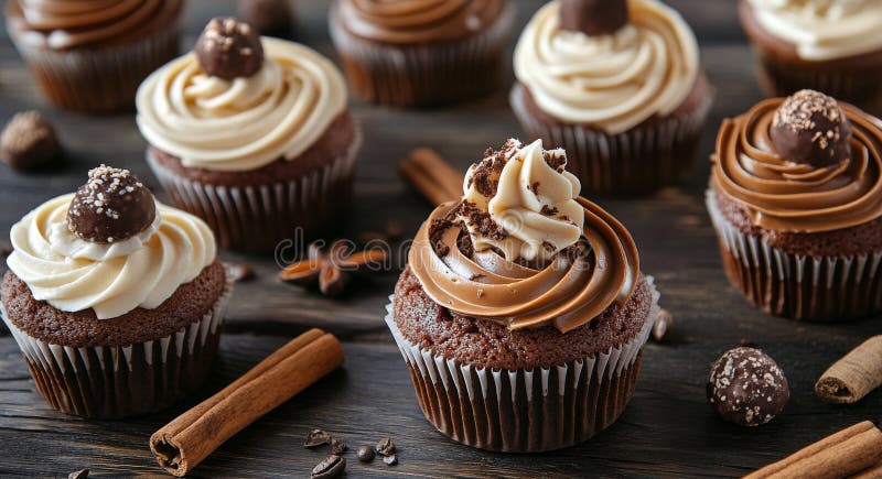An Array of Beautifully Decorated Chocolate Cupcakes on a Wooden Table ...