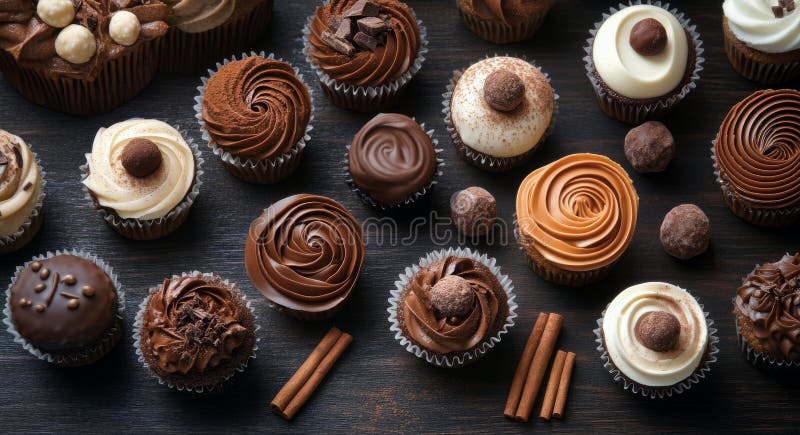 An Array of Beautifully Decorated Chocolate Cupcakes on a Wooden Table ...