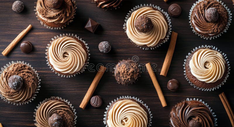 An Array of Beautifully Decorated Chocolate Cupcakes on a Wooden Table ...