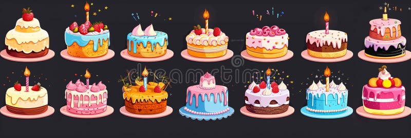 Array of Birthday Cakes with Candles Stock Image - Image of event ...