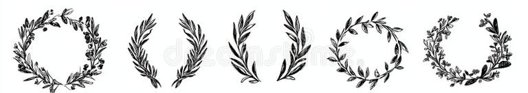 Array of Black Laurel Wreaths. Detailed Round Laurel Leaf Frames Stock ...