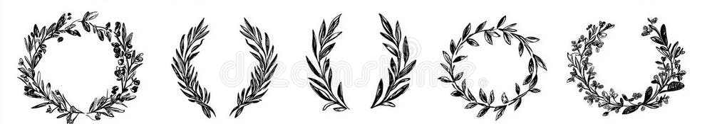 Array of Black Laurel Wreaths. Detailed Round Laurel Leaf Frames Stock ...