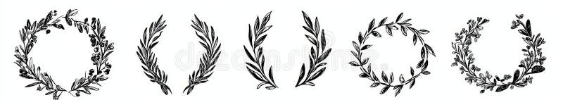 Array of Black Laurel Wreaths. Detailed Round Laurel Leaf Frames Stock ...