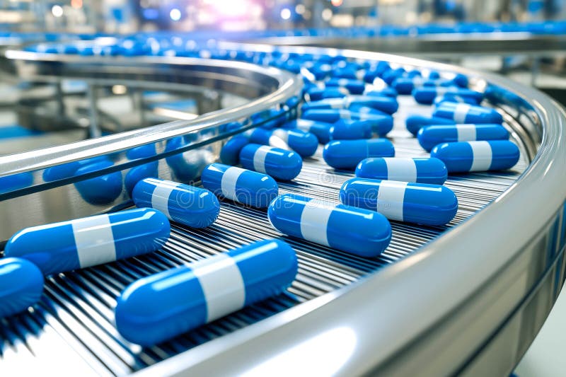 An Array of Blue and Capsule Pills is Shown on a Conveyor Belt ...