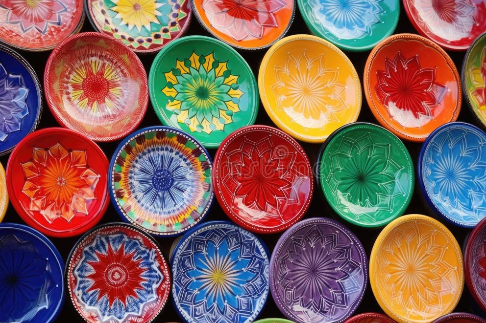 Array of Bright Painted Plates at a Ceramic Stall Stock Image - Image ...
