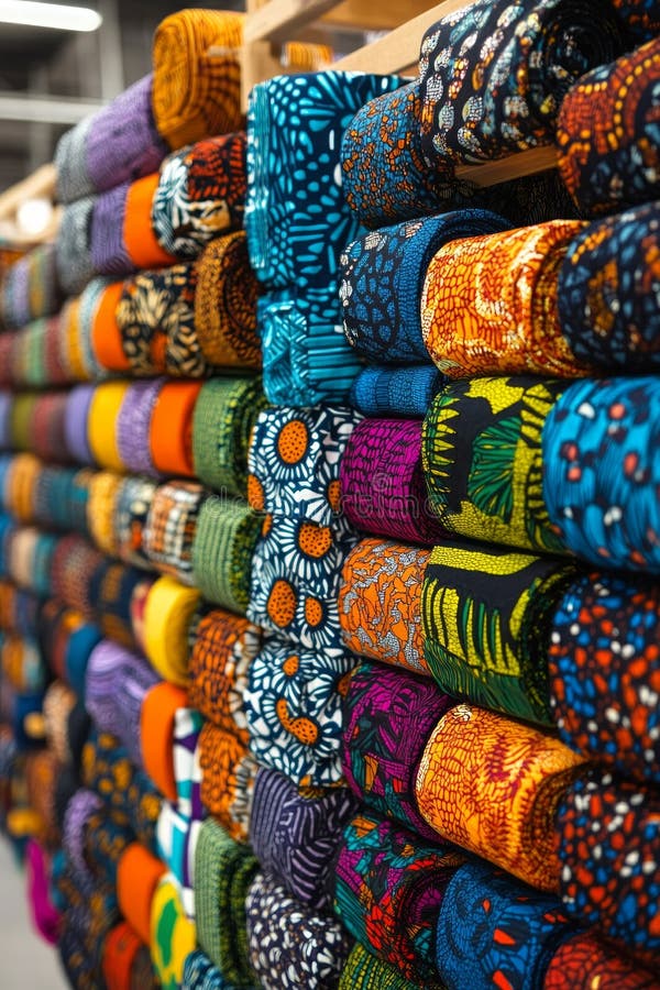 An Array of Brightly Colored African Fabric Rolls Stacked in a Textile ...