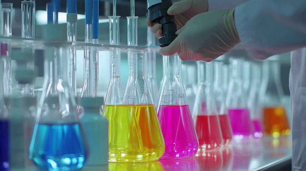 Array of Brightly Colored Chemical Solutions in Various Laboratory ...