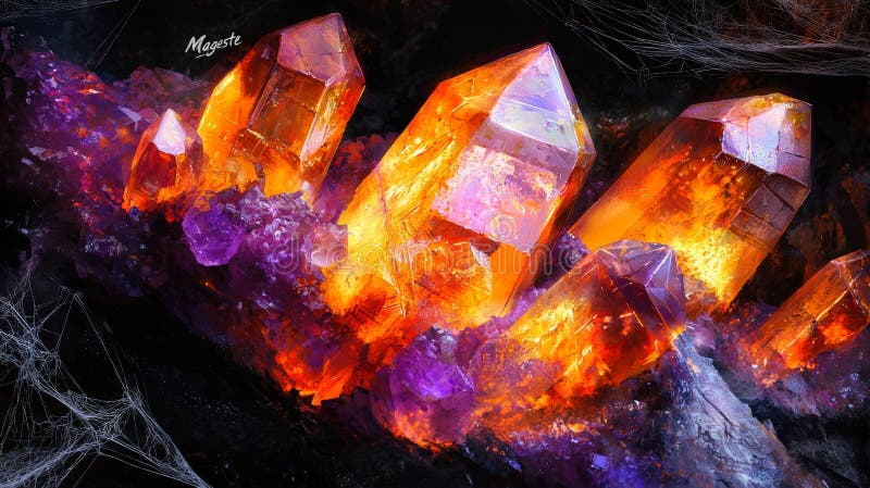 An Array of Brilliant, Shining Crystals Caught in a Web, Illuminated in ...