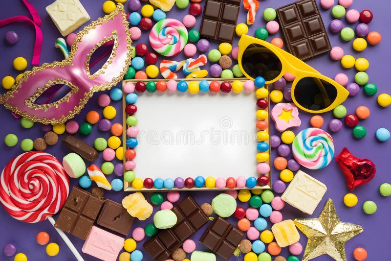 Array of Candies and Colorful Objects Arranged on a Festive Purple ...