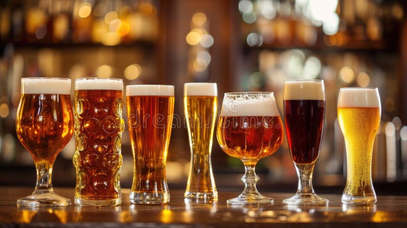 Array of Chilled Beer Glasses, Varied Brews, Blurred Bar Scene, Ai ...