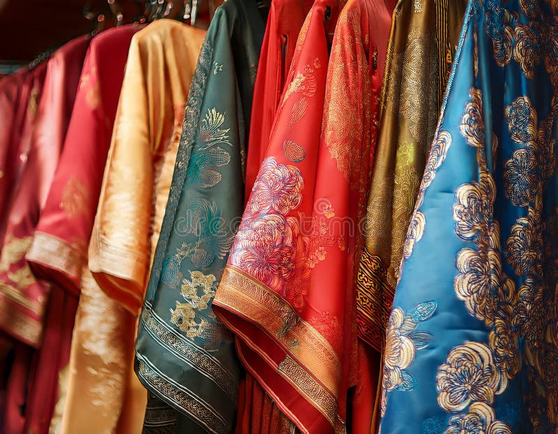 An Array of Chinese Silk Robes Hanging Gracefully, Displaying Rich ...