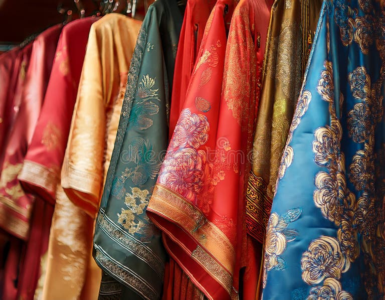 An Array of Chinese Silk Robes Hanging Gracefully, Displaying Rich ...