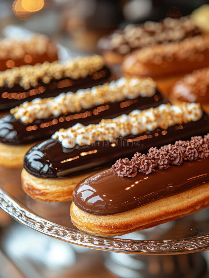 Array of Chocolate-glazed Eclairs on a Tray Stock Photo - Image of ...