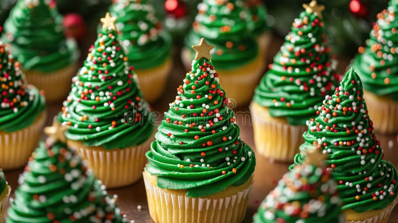 Array of Christmas Tree-shaped Cupcakes Frosted in Vibrant Green Stock ...