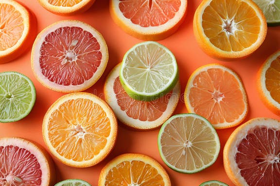 An Array of Citrus Slices, Including Oranges and Limes, Arranged in an ...