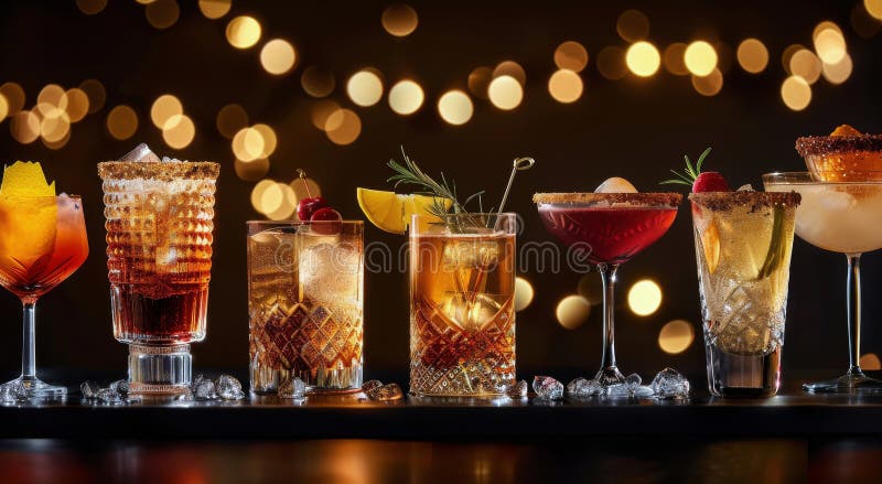 Array of Cocktails on Table Stock Image - Image of mixed, beverages ...