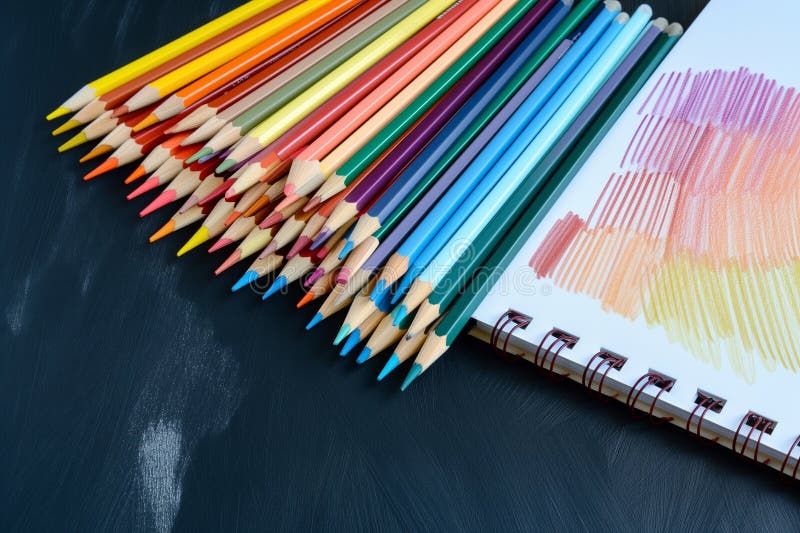 Array of Colored Pencils Fanned Out beside a Sketch Pad Stock Image ...