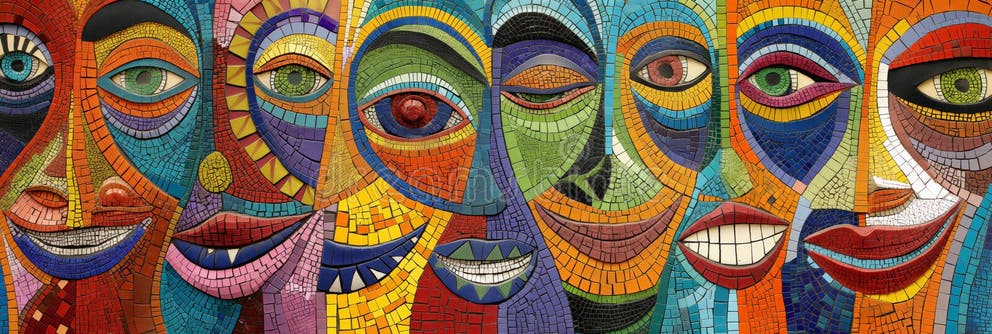 Array of Colorful, Abstract Faces Created in Mosaic Tile Art, Each with ...