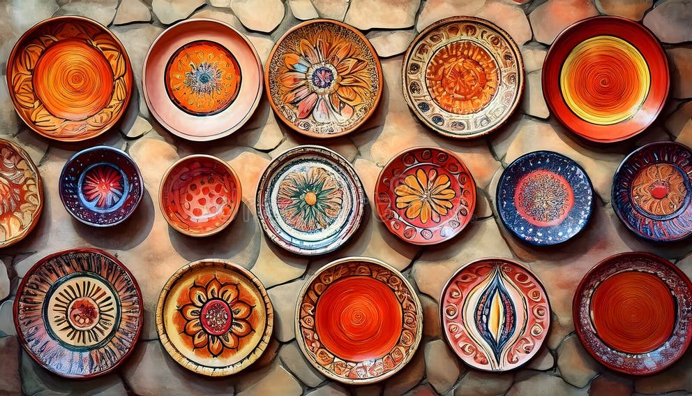 An Array of Colorful Ceramic Plates Arranged in a Grid Pattern Against ...