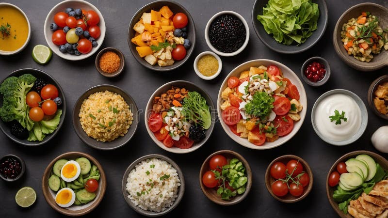 Array of Colorful, Diverse Foods Arranged in Bowls on a Dark Background ...