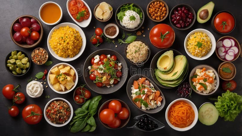 Array of Colorful, Diverse Foods Arranged in Bowls on a Dark Background ...
