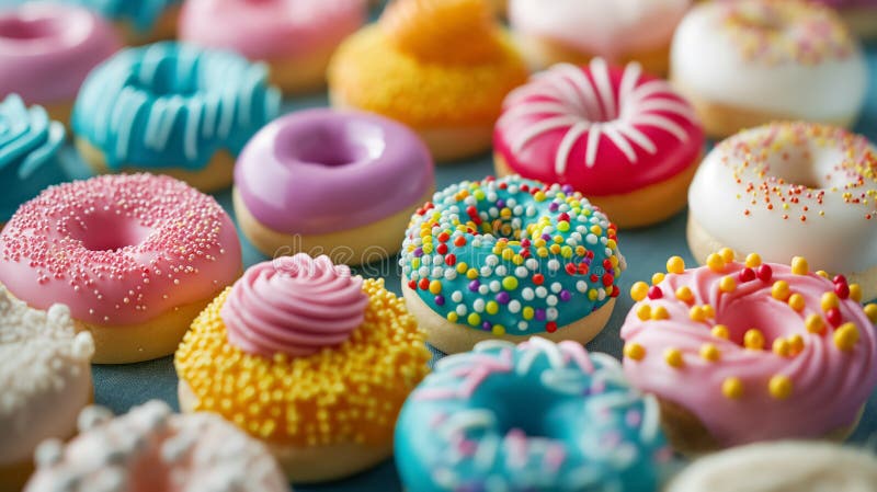 Array of Colorful Donuts with Various Toppings and Icing Creates a ...