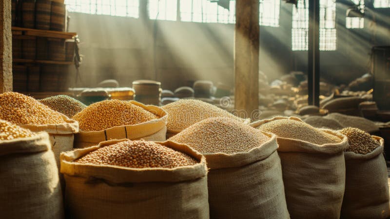 An Array of Colorful Grains and Legumes in Burlap Sacks, Displayed in a ...