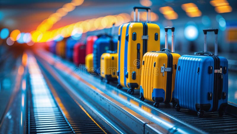An Array of Colorful Luggage Rolls Along a Moving Walkway, Ready for ...