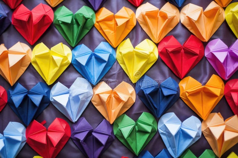 An Array of Colorful Origami Hearts Arranged in a Rainbow Pattern Stock ...