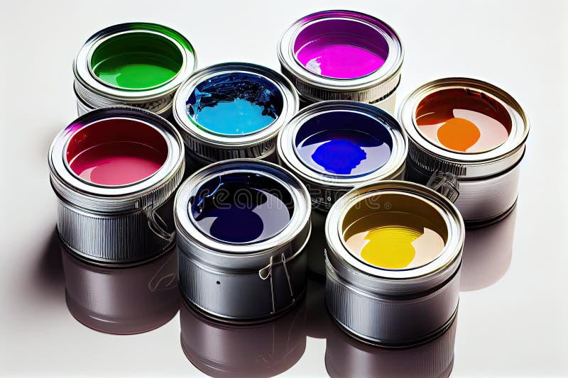 An Array of Colorful Paint Cans Set on a Shiny Reflective Surface Stock ...