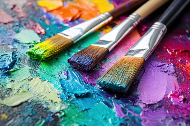 An Array of Colorful Paint Splashes on a Palette with Brushes Resting ...