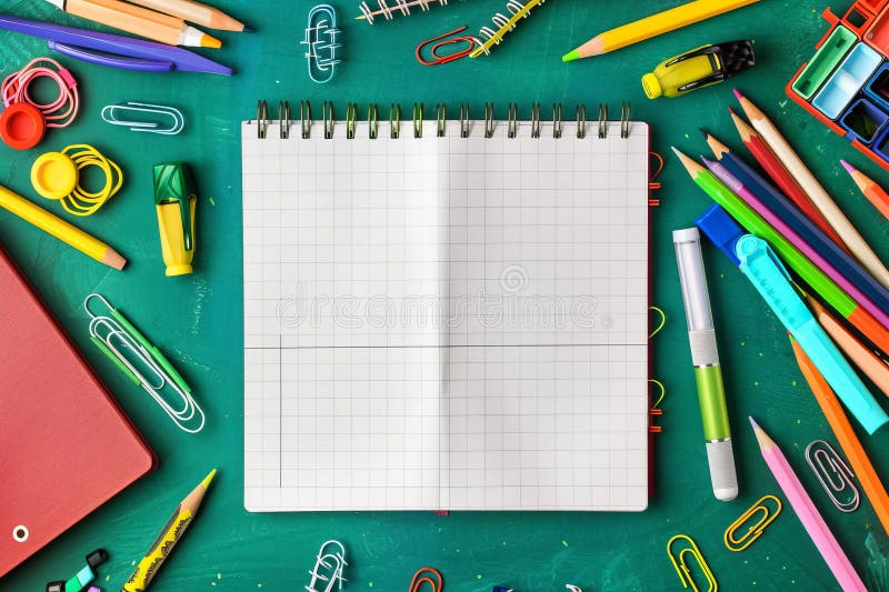 Colorful Back To School Supplies Surrounding an Open Graph Paper ...