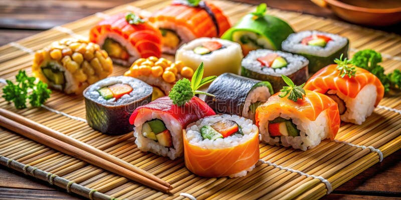 An Array of Colorful Sushi Rolls on a Bamboo Mat. Generative AI Stock ...