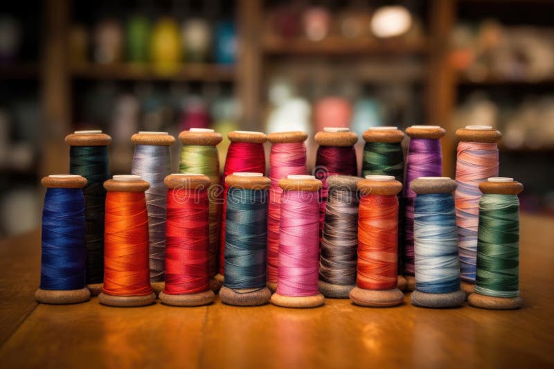 An Array of Colorful Thread Spools for Denim Stitching Stock ...