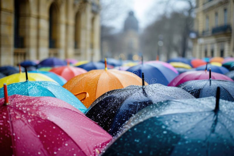 An Array of Colorful Umbrellas Held by People Waiting Outside a Museum ...