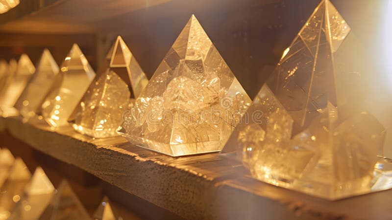 An Array of Crystal Singing Pyramids Line a Shelf Their Lightreflecting ...