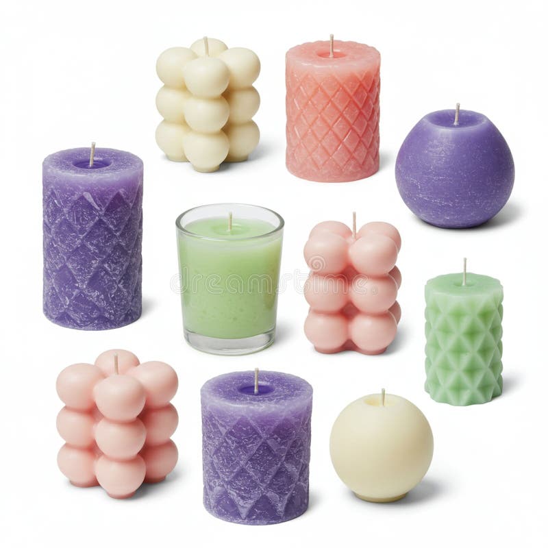 Array of Decorative Candles in Various Shapes and Colors. Includes a ...
